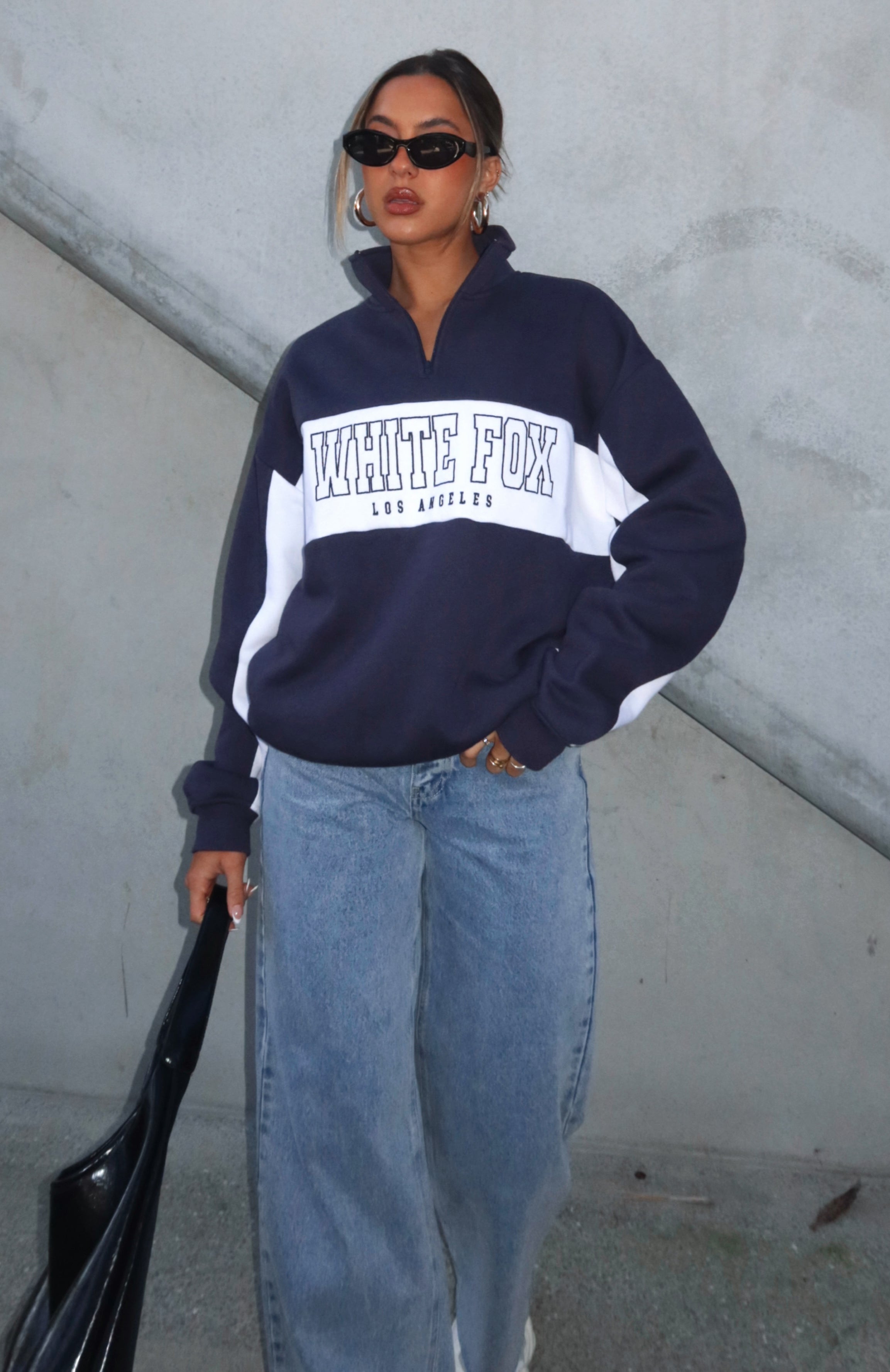 Jokes On You Zip Front Sweater Navy | White Fox Boutique