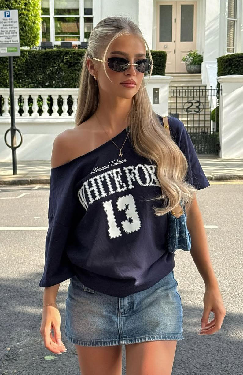 Everything In Time Off Shoulder Oversized Tee Navy | White Fox Boutique