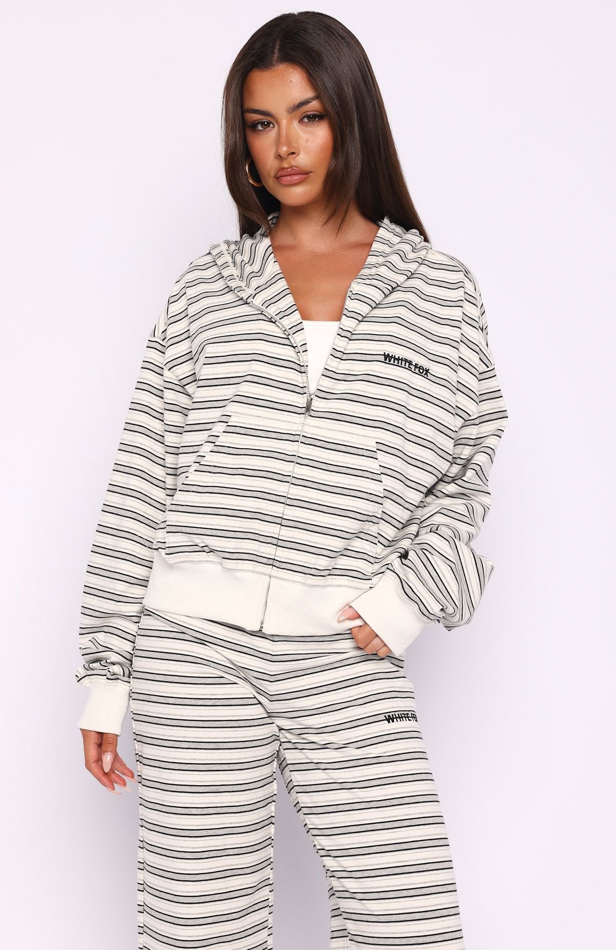 Looking Back Boxy Zip Front Hoodie White Stripe | White Fox Boutique