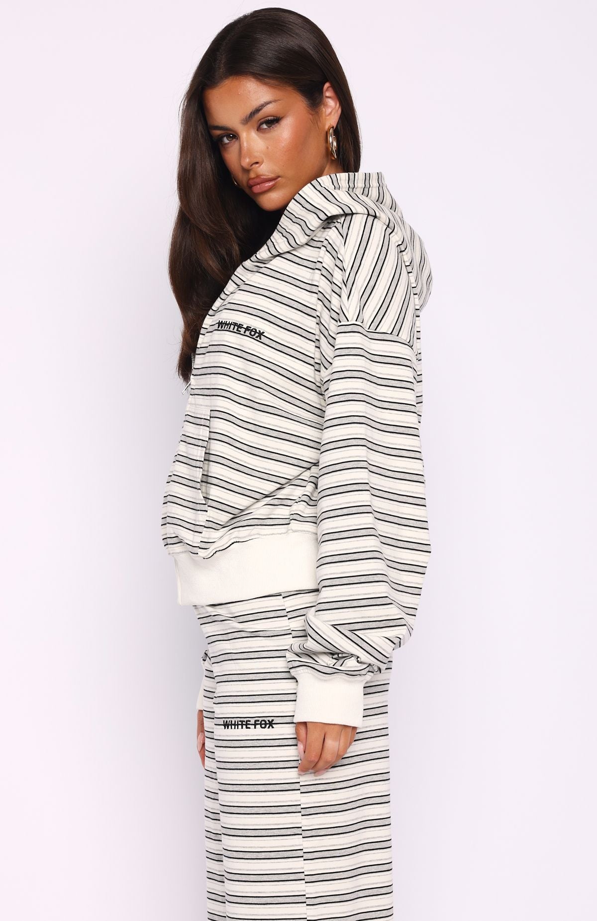 Looking Back Boxy Zip Front Hoodie White Stripe | White Fox Boutique