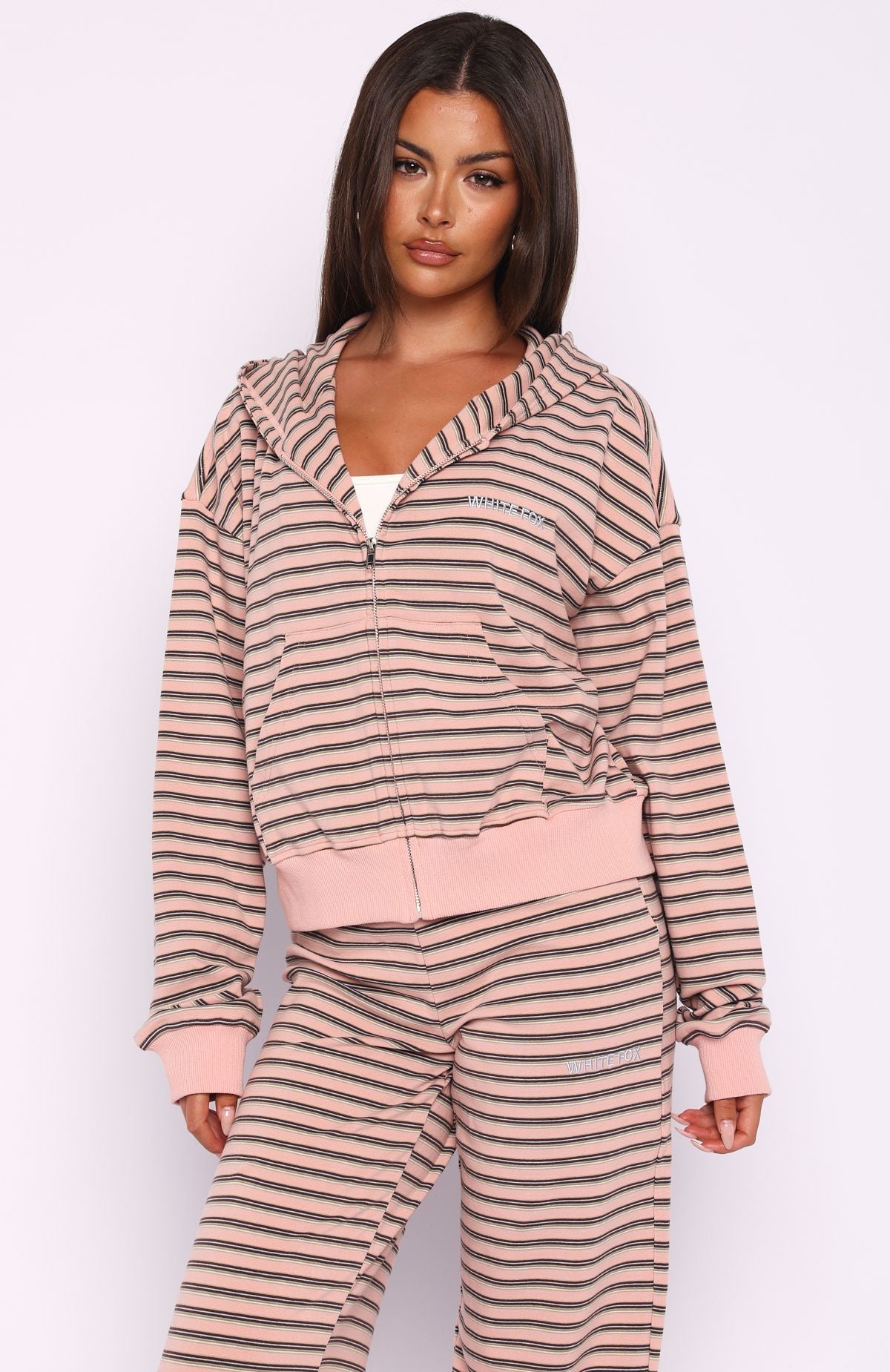 Looking Back Boxy Zip Front Hoodie Pink Stripe | White Fox Boutique