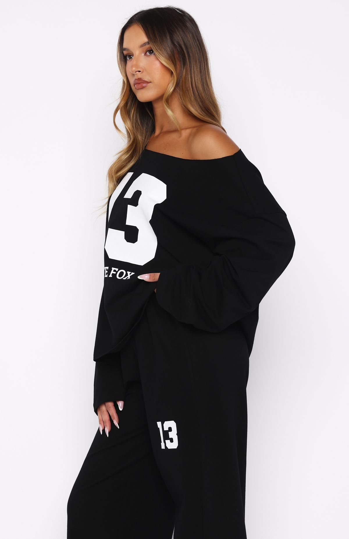Only One Left Off Shoulder Oversized Long Sleeve Tee Black | White Fox ...