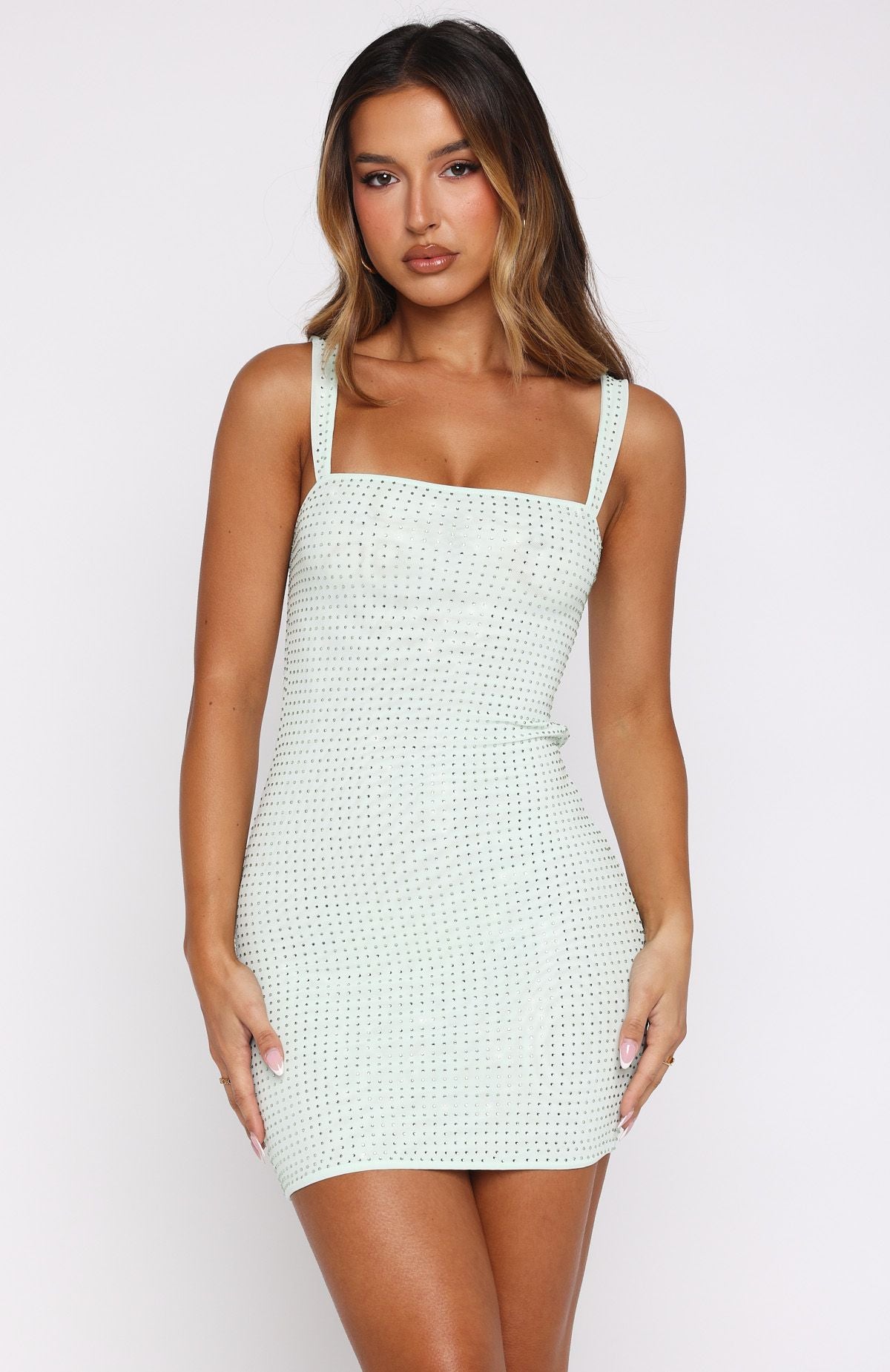 Pump The Volume Embellished Mini Dress Mint | White Fox Boutique
