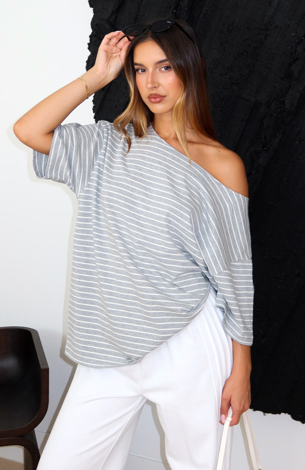 Give Me Options Off Shoulder Tee Grey/White Stripe | White Fox Boutique