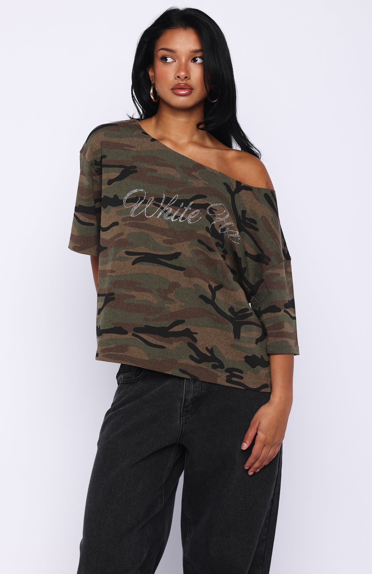 Glisten Up Off Shoulder Oversized Tee Green Camo | White Fox Boutique