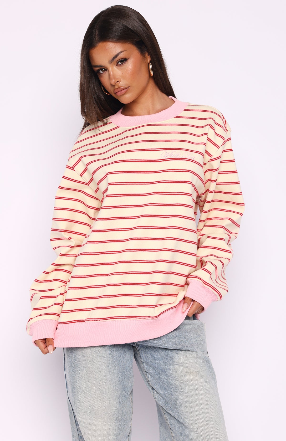 Happy Go Lucky Oversized Sweater Cream/Red Stripe | White Fox Boutique