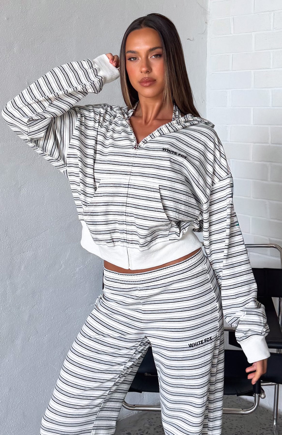Looking Back Boxy Zip Front Hoodie White Stripe | White Fox Boutique