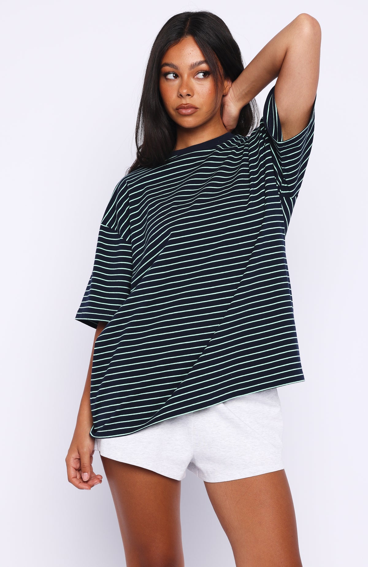 Touchdown Oversized Tee Navy/Mint Stripe | White Fox Boutique